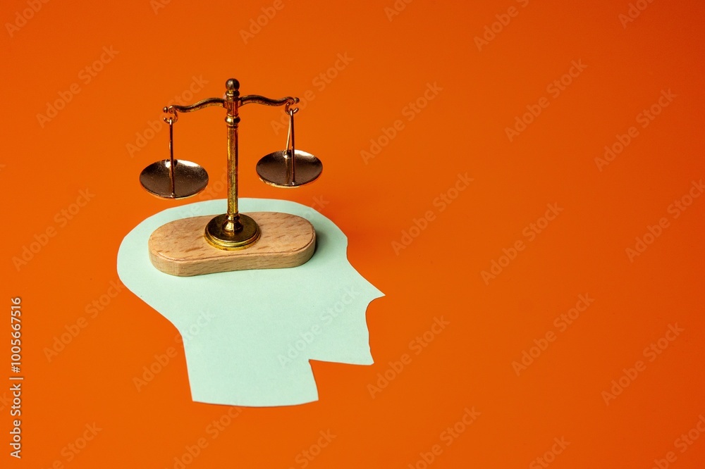 Balance scale placed on top of a green paper cutout shaped like a human ...