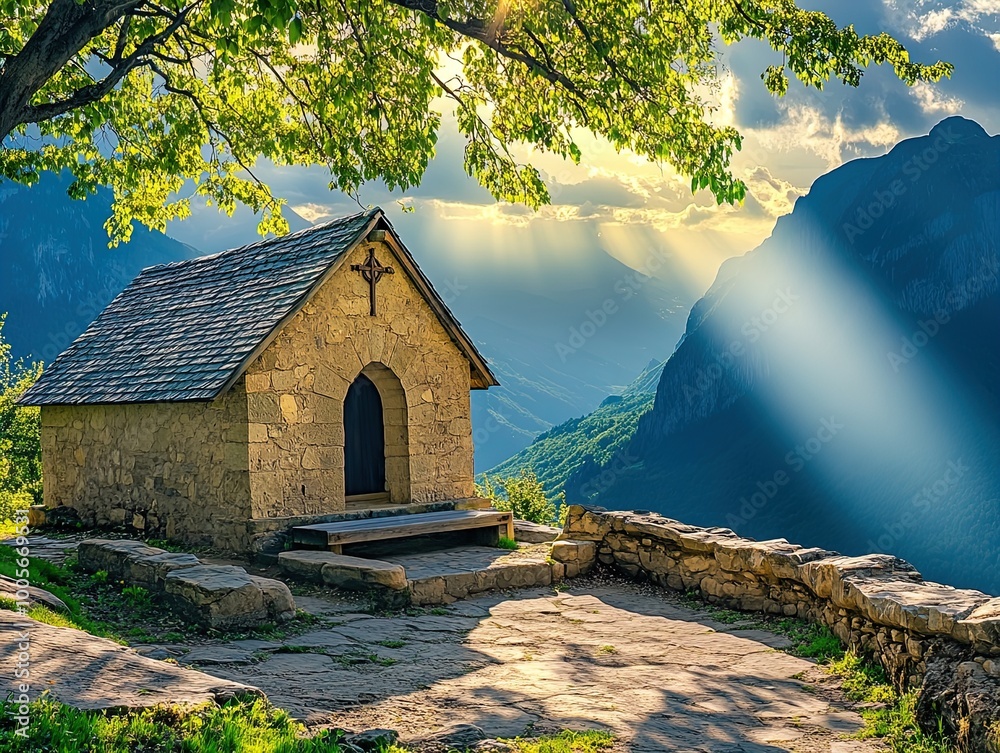 Tranquil Outdoor Stone Chapel with Mountain Views: Perfect Poster for ...
