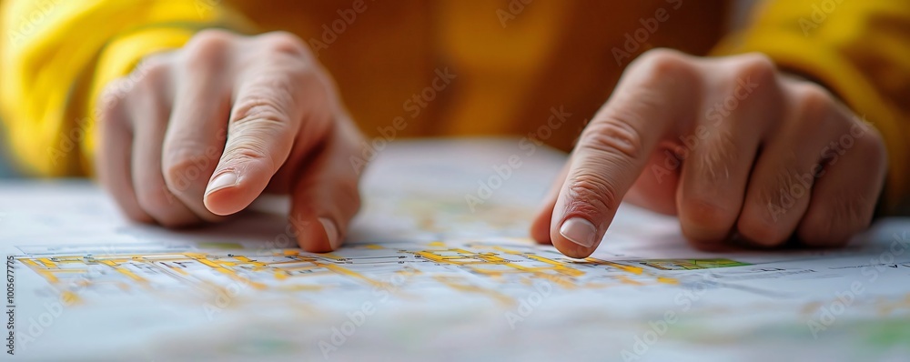Close-up of hands pointing at a map, exploring routes and destinations ...