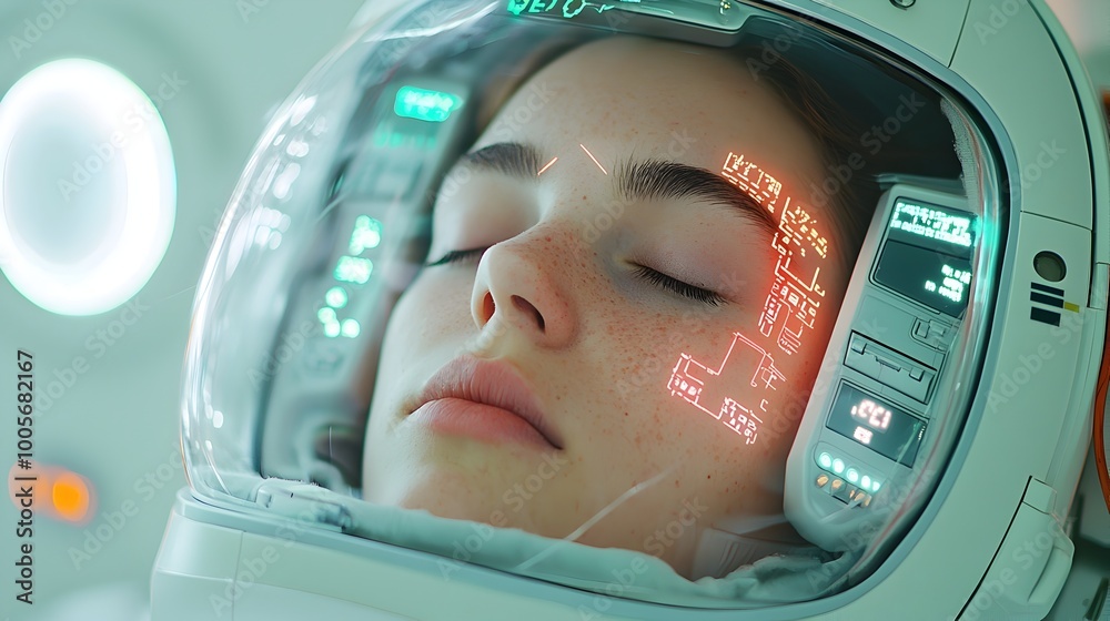 Close up view of a sleeping human face encased within a futuristic high ...