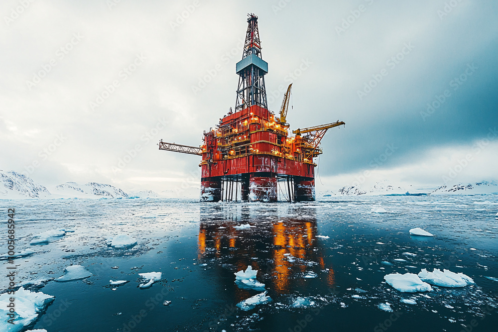 arctic oil rig platform in icy landscape - dramatic industrial ...