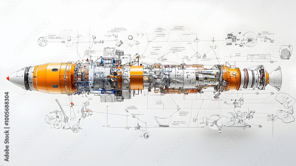 Detailed cutaway side view of a rocket under construction with exposed ...