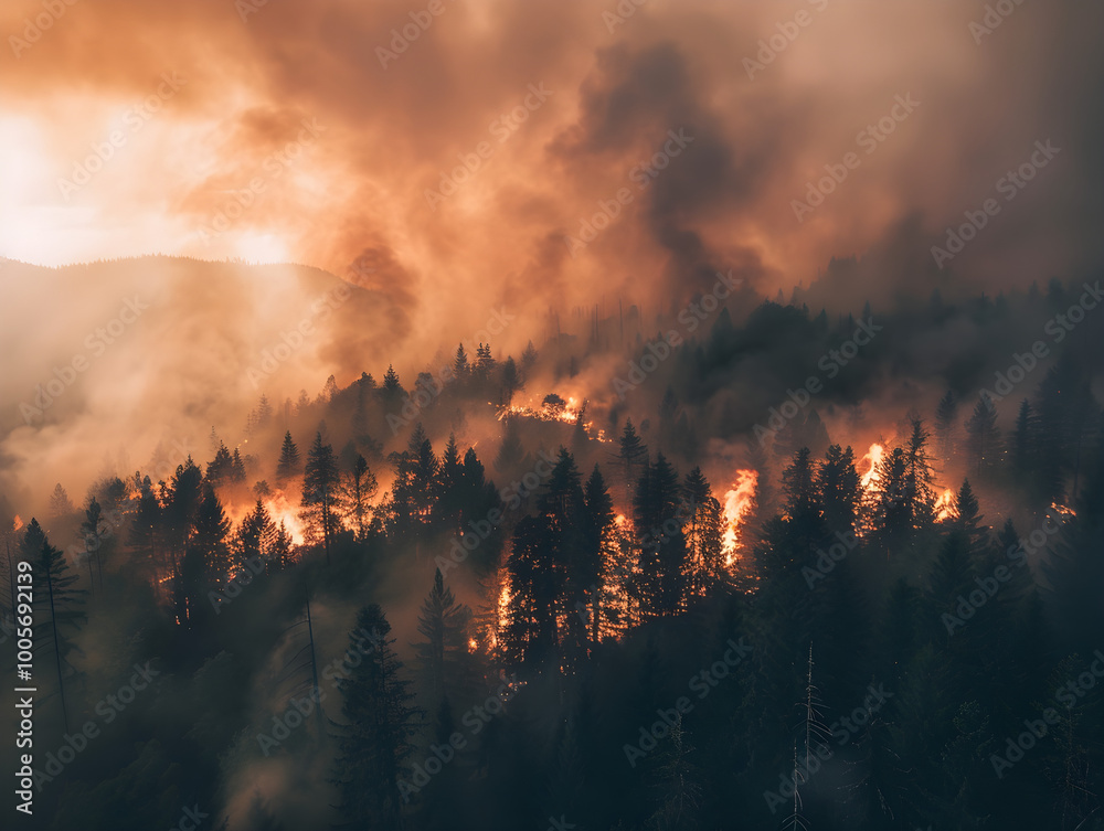 Raging wildfire engulfs trees in a forest, spreading rapidly with v 6 ...