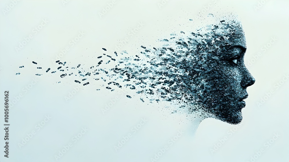 Fading face in the background blending into a trail of footprints each ...