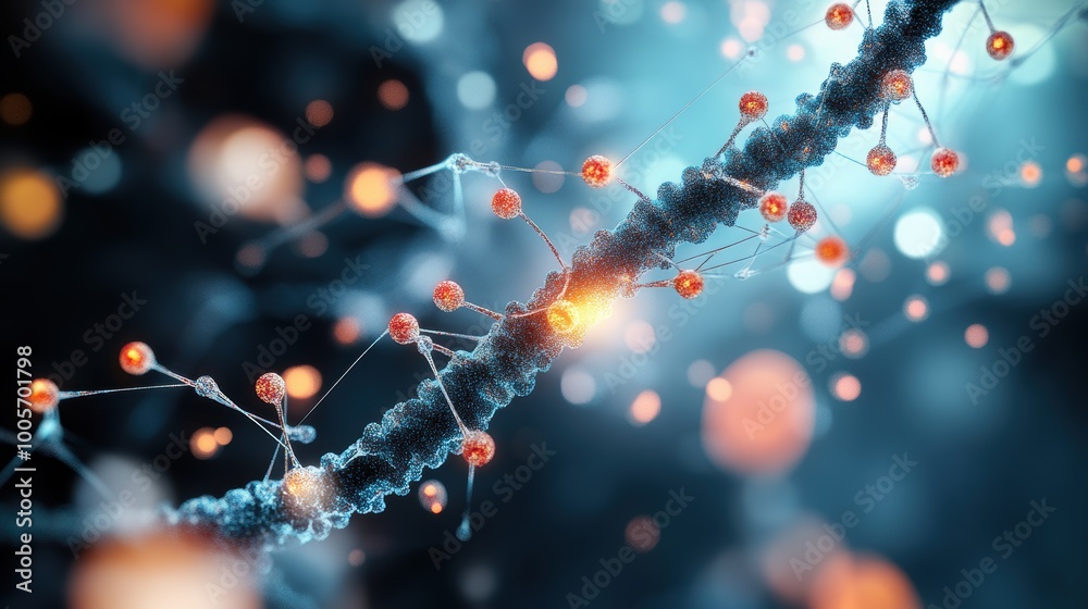 A stylized representation of a gene map with connected nodes and lines ...