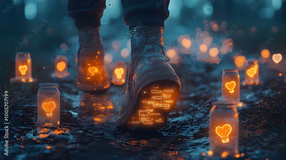 Glowing footprints light up a surreal road each step revealing the ...