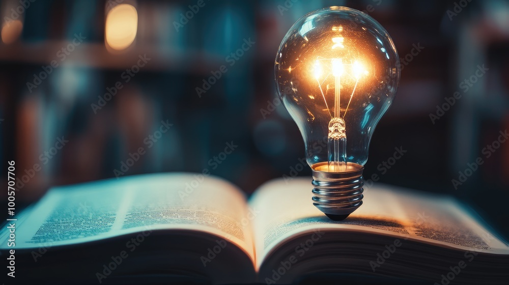 Glowing lightbulb with a gentle flicker floating above an open book ...