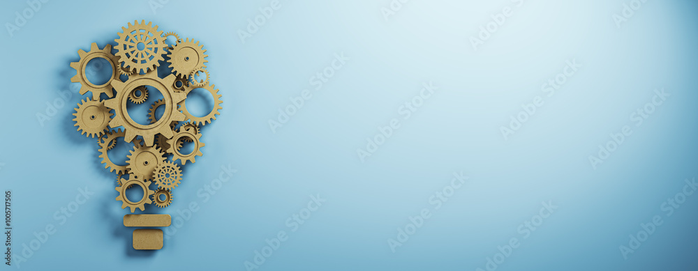 Creative gear light bulb on wide blue background with mock up place ...