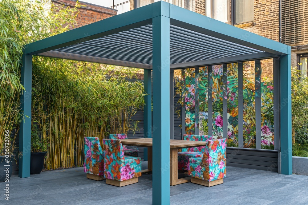 Arctic blue frame, floral teal and dove gray vertical louvers modern ...