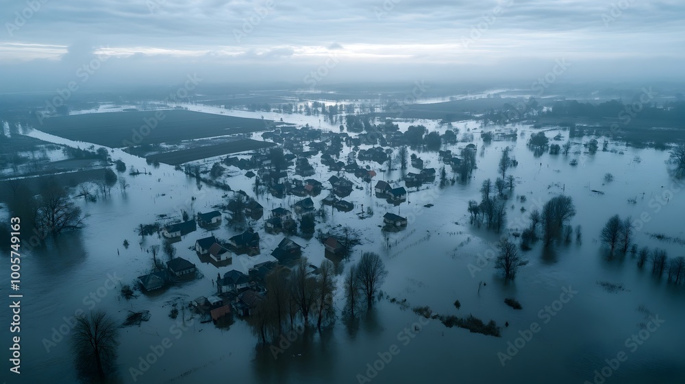 Aerial panoramic image documenting the widespread flooding of a rural ...