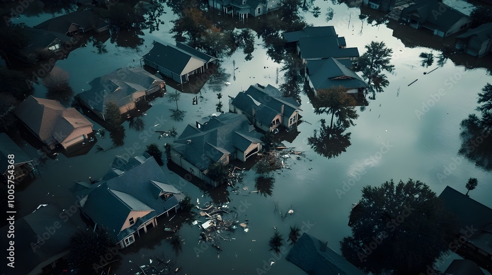 Aerial photograph capturing the devastating impact of a flood on a ...