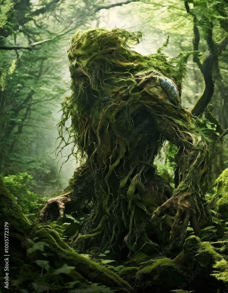 Detailed illustration of a towering forest guardian, a mythical ...