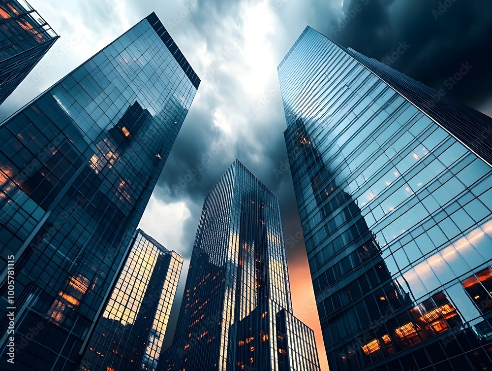 Vibrant modernist cityscape featuring a dramatic skyline of gleaming ...