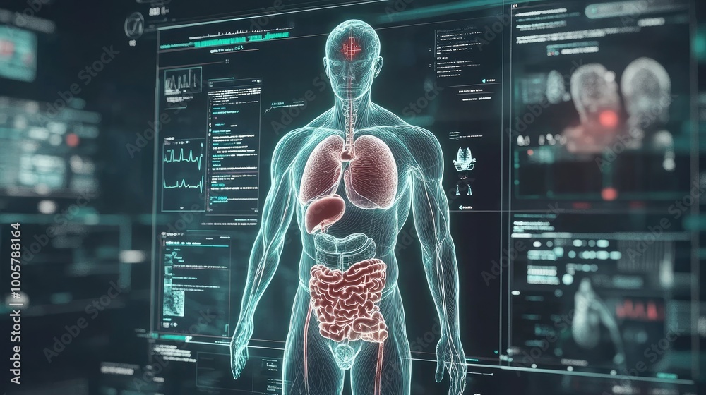 Digital health system interface highlighting organs and health metrics ...
