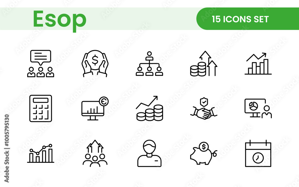 Outline icons about ESOP employee stock ownership plan. Contains such ...