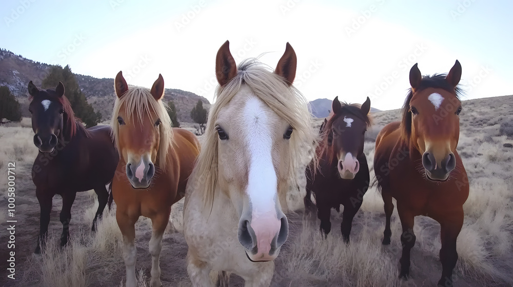 group of five horses stands in dry landscape, showcasing their unique ...