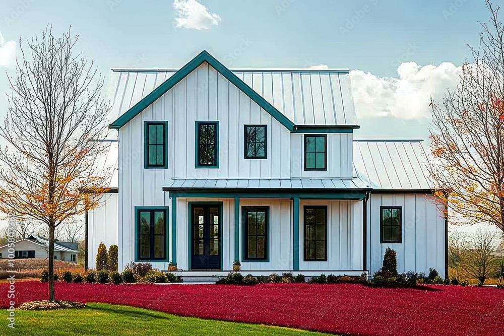 A sleek farmhouse-style home with vertical white paneling, teal trim ...