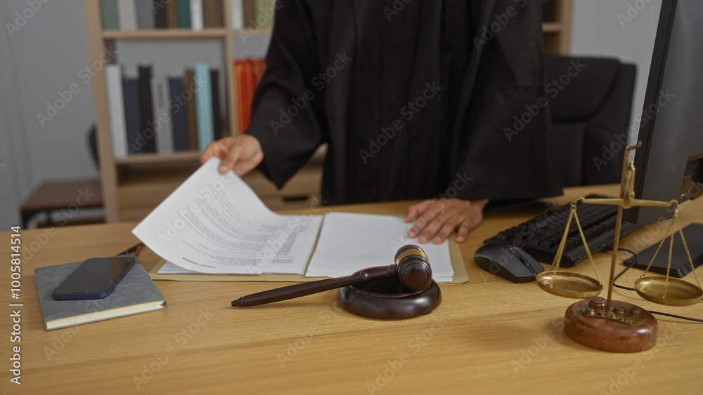 Judge wearing robes reviewing documents in an office with gavel and ...