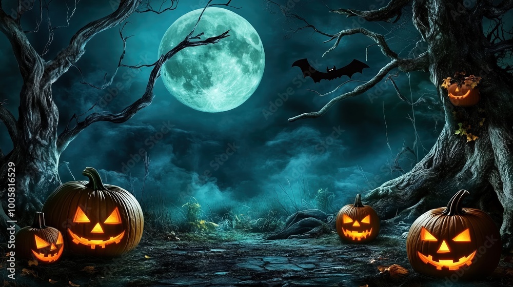 A spooky Halloween night scene with glowing jack-o'-lanterns on the forest floor beneath ...