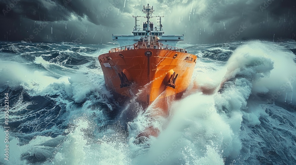 Cargo Ship in Rough Seas A cargo ship battling towering waves during a ...