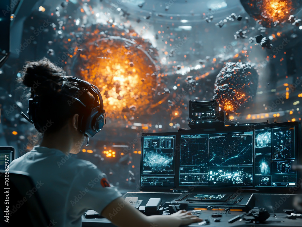 A woman is sitting in front of a computer monitor with a headset on ...