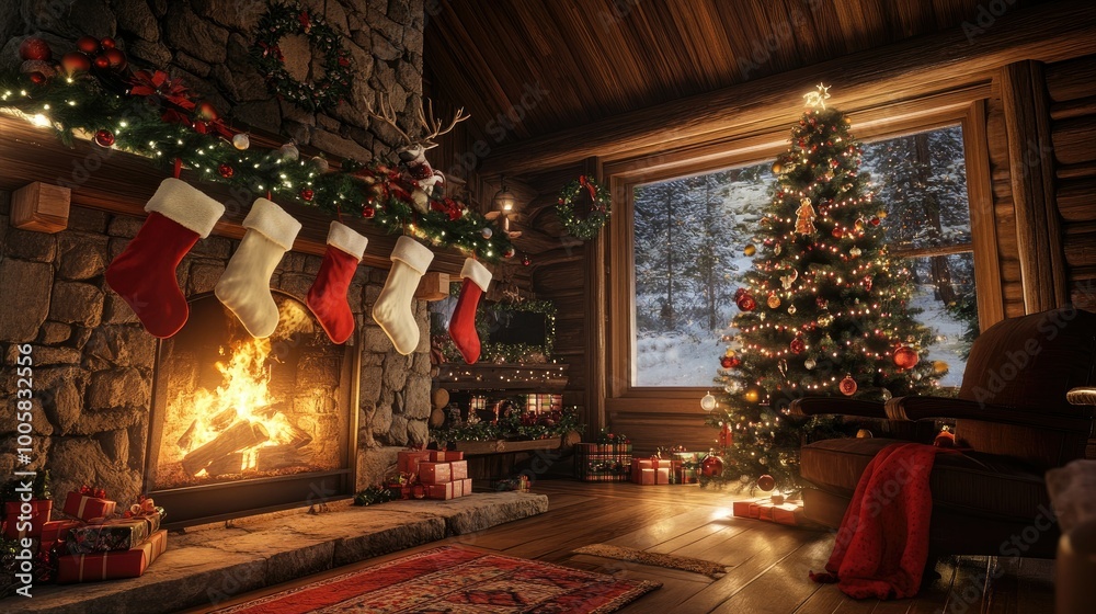 Rustic cabin interior featuring a fireplace with festive stockings, a ...