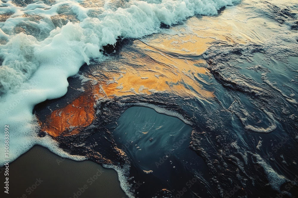 An oil spill spreading across a serene beach, mixing with waves and ...