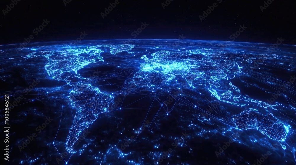 Neon-lit world map showing digital connections around the globe, with ...