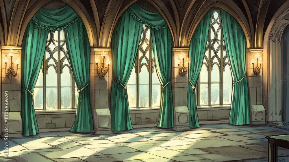 A cartoon drawing shows the inside of a fancy castle. It's a grand hall ...