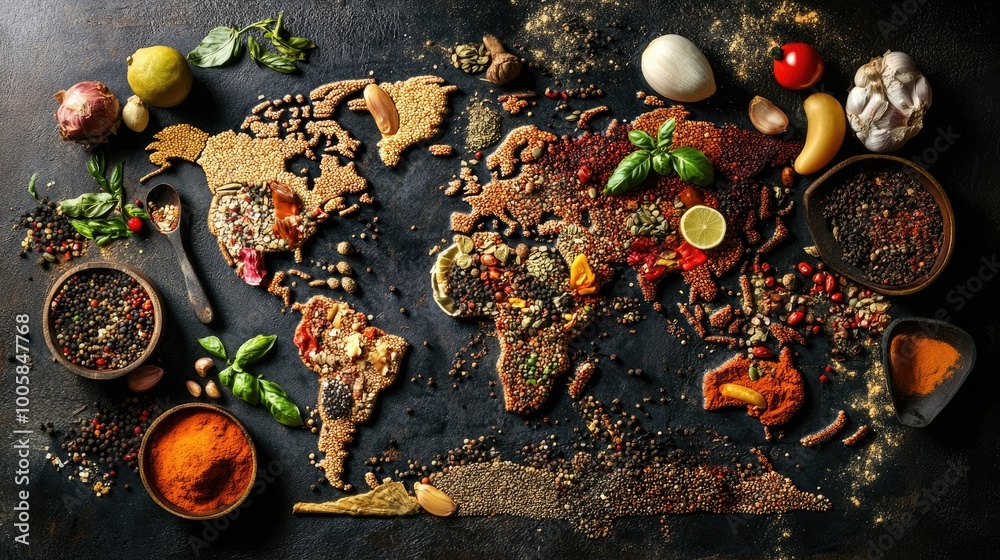 Top view of a world map created from various foods and spices ...