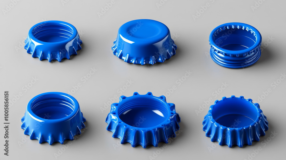 This shows a set of blue plastic bottle caps in different views (side ...