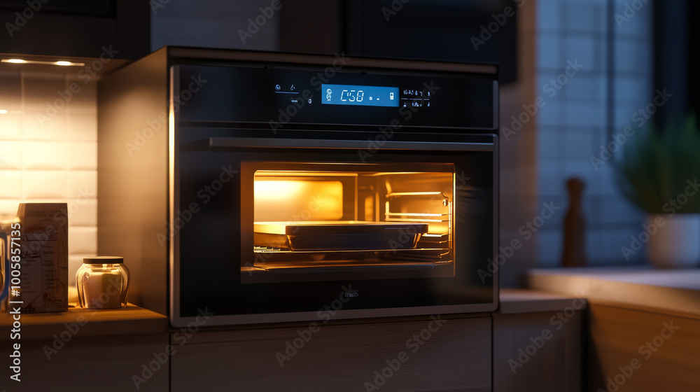 A modern, realistic oven with a touch screen and timer. You can see it ...