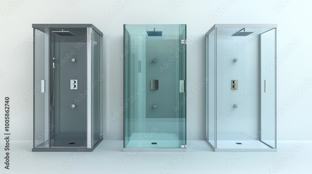 Three realistic 3D drawings of shower stalls with clear glass doors and ...