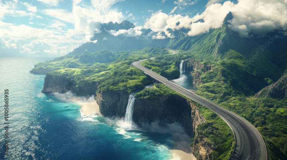 A 3D picture shows a road floating above a tropical island. The island ...