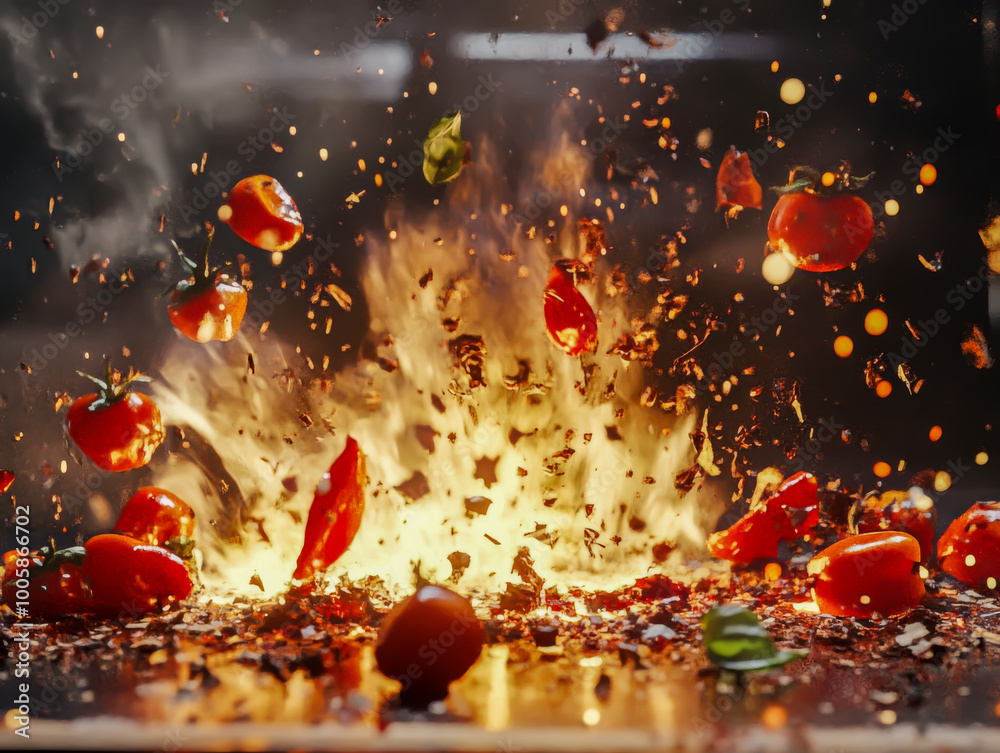 A close up of a pile of red tomatoes and peppers that have been thrown ...