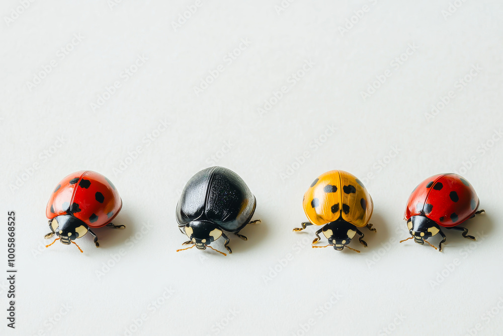 Four ladybugs are standing on a white background. They are all ...