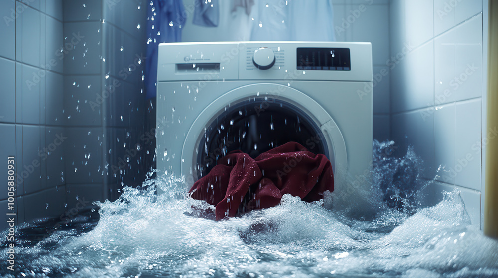 Washing machine overflowing with water, red laundry spilling out ...