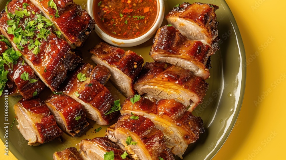 Filipino lechon crispy roasted pork with vinegar sauce on mustard ...