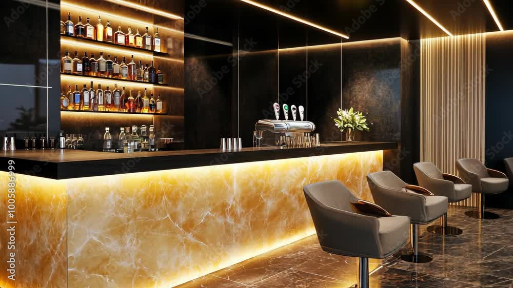 A sleek, modern bar with a marble countertop and a row of bar stools ...