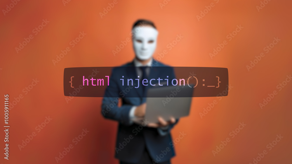 Cybersecurity Concept Html Injection On Foreground Screen Hacker Silhouette Hidden With Low