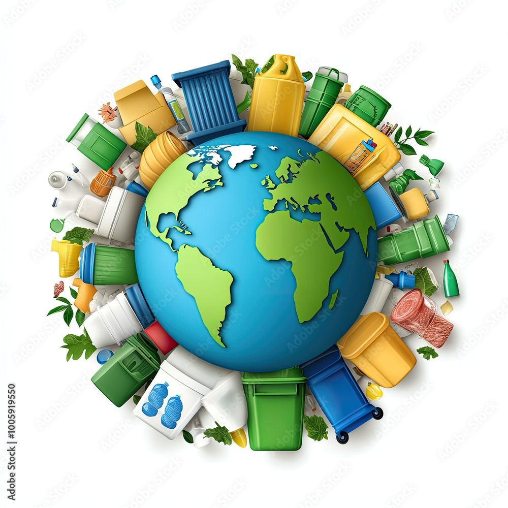 Colorful globe surrounded by various trash bins, symbolizing global ...