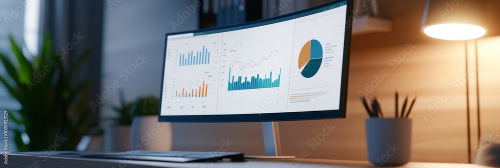 A sleek workstation featuring an ultra-thin monitor displaying a benchmarking dashboard with ...