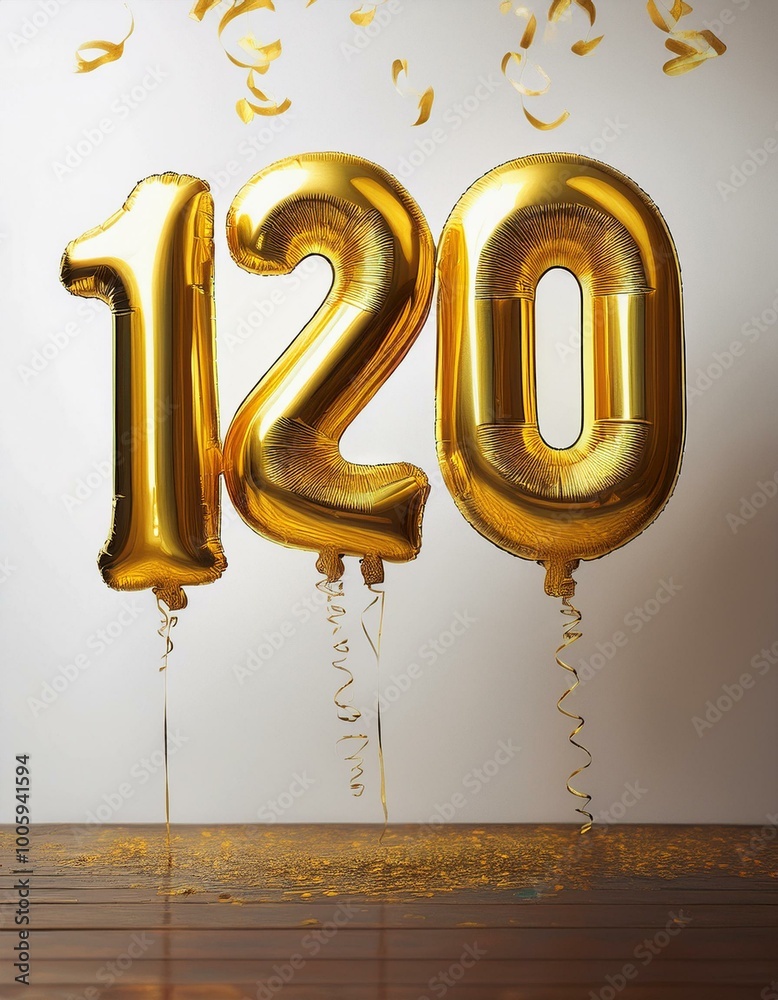 Gold birthday / anniversary balloon, number 120, white background with ...