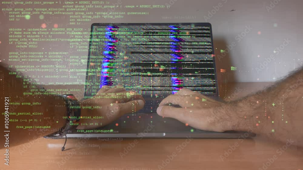 Hacker typing code on laptop with green digital interface. Cybersecurity hacker programming code ...