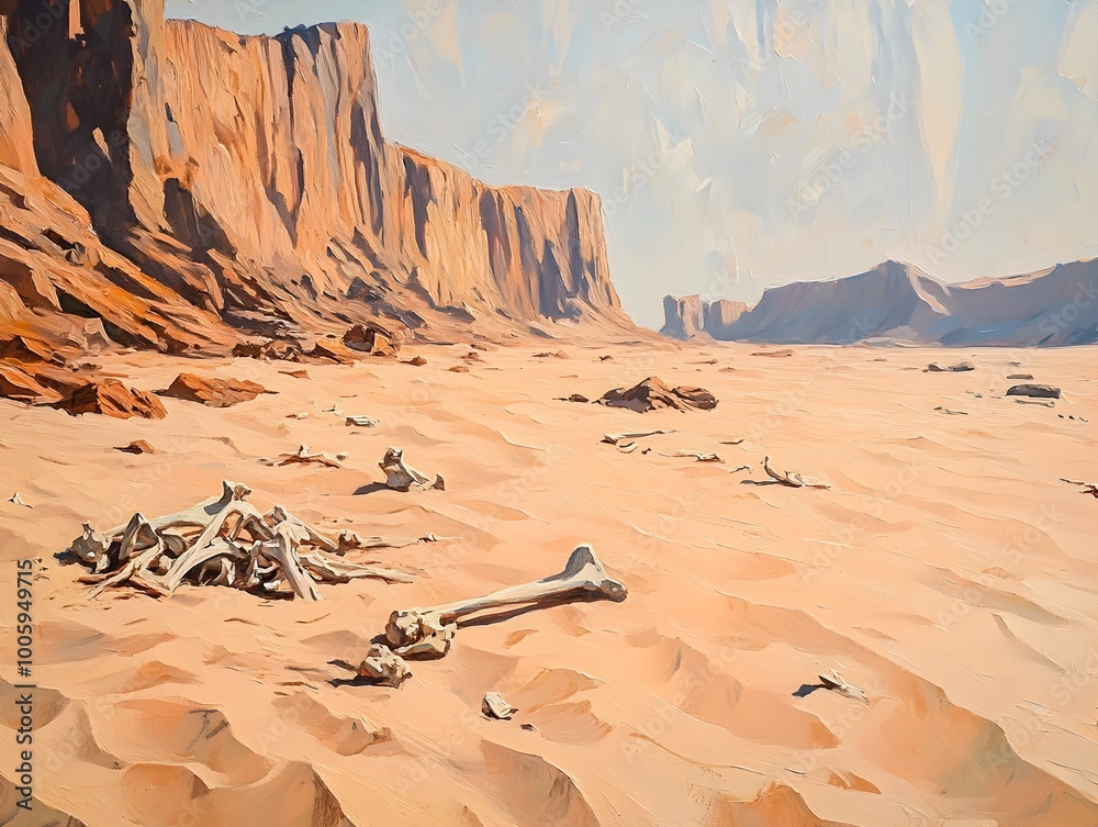 Vast desert expanse with sweeping dunes sun bleached bones and ...