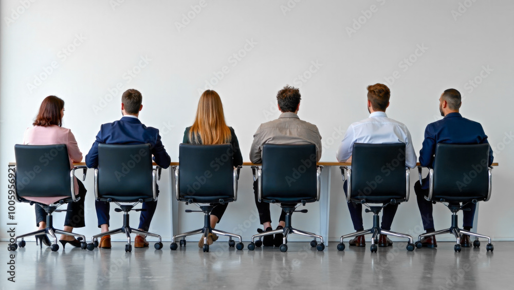 Group of six professionals seated in row facing wall waiting for ...