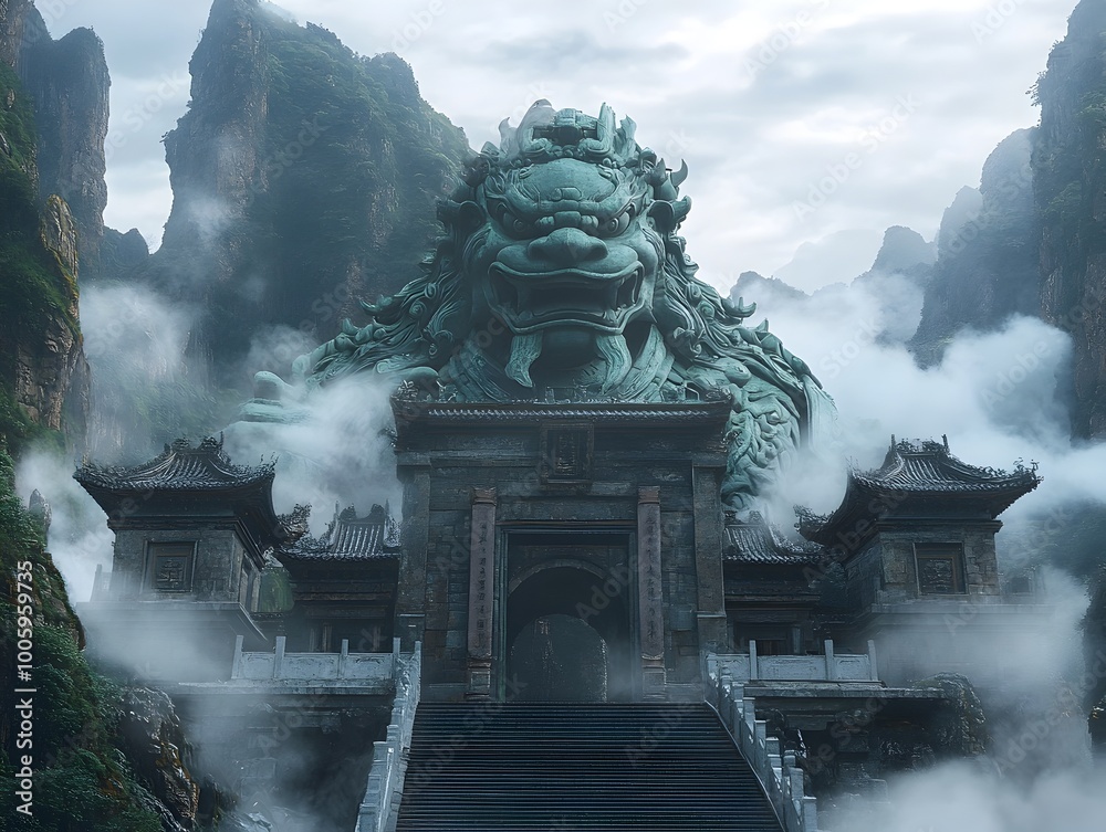 Towering Mythical Pixiu Statue Guarding the Mysterious Entrance to an ...
