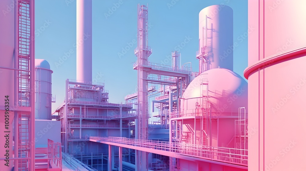 Pastel colored compact oil refinery with a modernist industrial ...