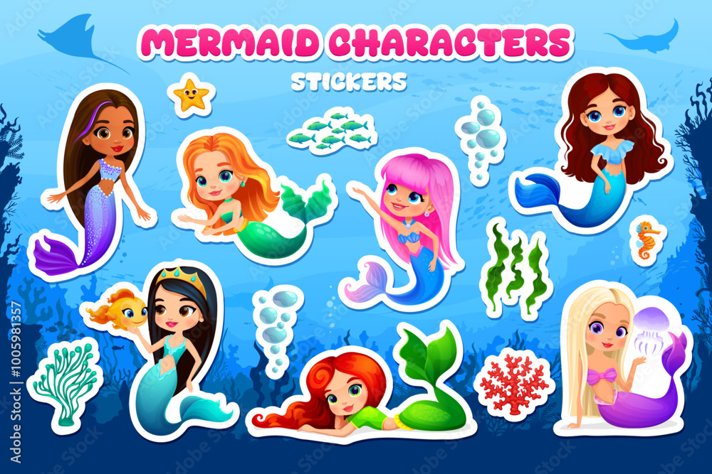 Cartoon mermaid characters stickers of cute underwater little girls ...