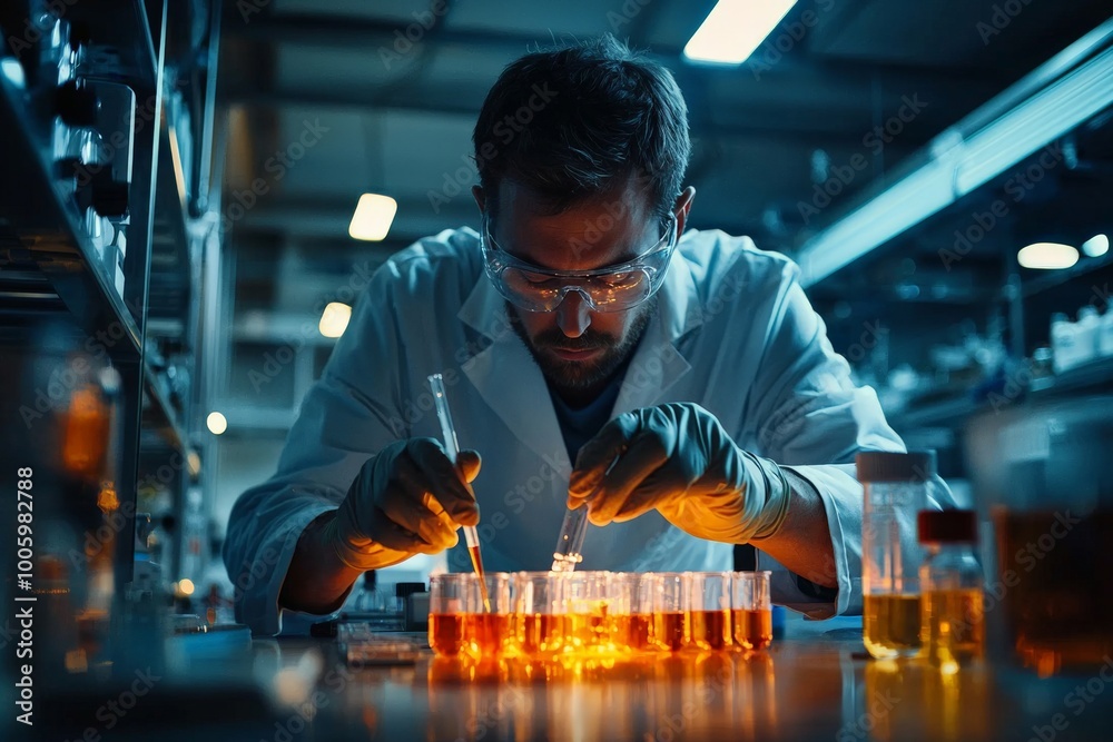 Researcher conducting an experiment, pouring liquids into test tubes ...